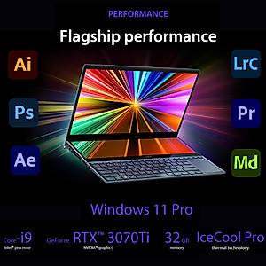 ASUS Zenbook Pro Duo 15 OLED Laptop, Intel Core i9-12900H, GeForce RTX 3070 Ti, 15.6" 4K UHD Touchscreen, 32GB LPDDR5 RAM, 1TB SSD, ScreenPad Plus, Pen, Wi-Fi 6, IR Camera, Win 11 Pro, Celestial Blue