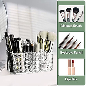 Unaone Makeup Brush Organizer, Acrylic Clear 3-Compartment Makeup Brush Holder Cosmetic Brushes Storage Organizer for Vanity Bathroom
