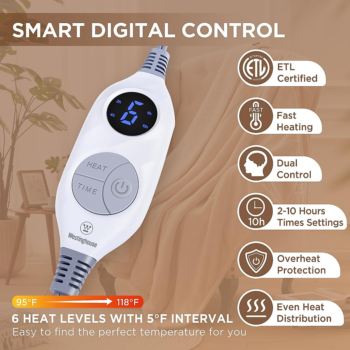 Westinghouse Heated Throw Blanket, Soft Flannel to Sherpa Electric Throw with 6 Heating Levels, 2-10 Hours Time Settings, Fast Heating, Machine Washable 50x60 Inch, Ivory