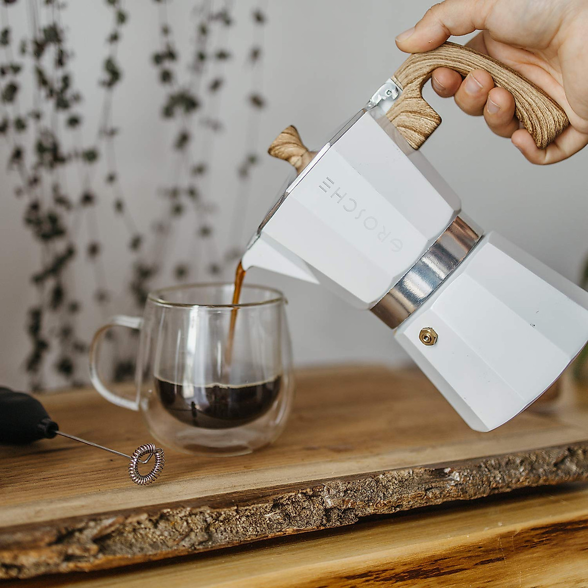 GROSCHE Milano Stove top espresso maker (6 espresso cup size 9.3 oz) White Moka pot, and battery operated milk frother bundle for lattes