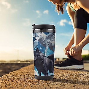 Wolf with Wings Under Moon Travel Coffee Mug Reusable Insulated Drinking Cup with Lid for Home Outdoor Works 13 Oz