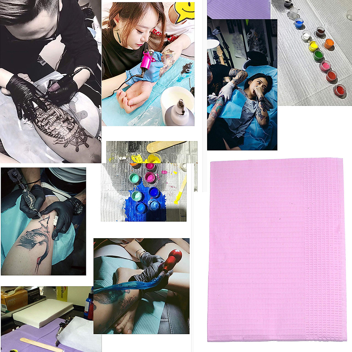 AebDerp 125Pcs Disposable Nail Art Tattoo Paper Towels Table Mat, 3-Ply Waterproof Tattoo Bibs Sheets Nail Desk Mat, Tattooing Tablecloth Pads Tray Covers, Nail Napkins for Nail Salon Supplies (Pink)