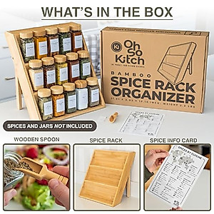 Bamboo Spice Rack Organizer For Kitchen Drawer, Countertop & Cabinet - Sturdy Wood Shelf Seasoning Rack with Wooden Spoon - 3 Tiered, Foldable Storage Standing with Anti-Slip Pads (No Jars Included)