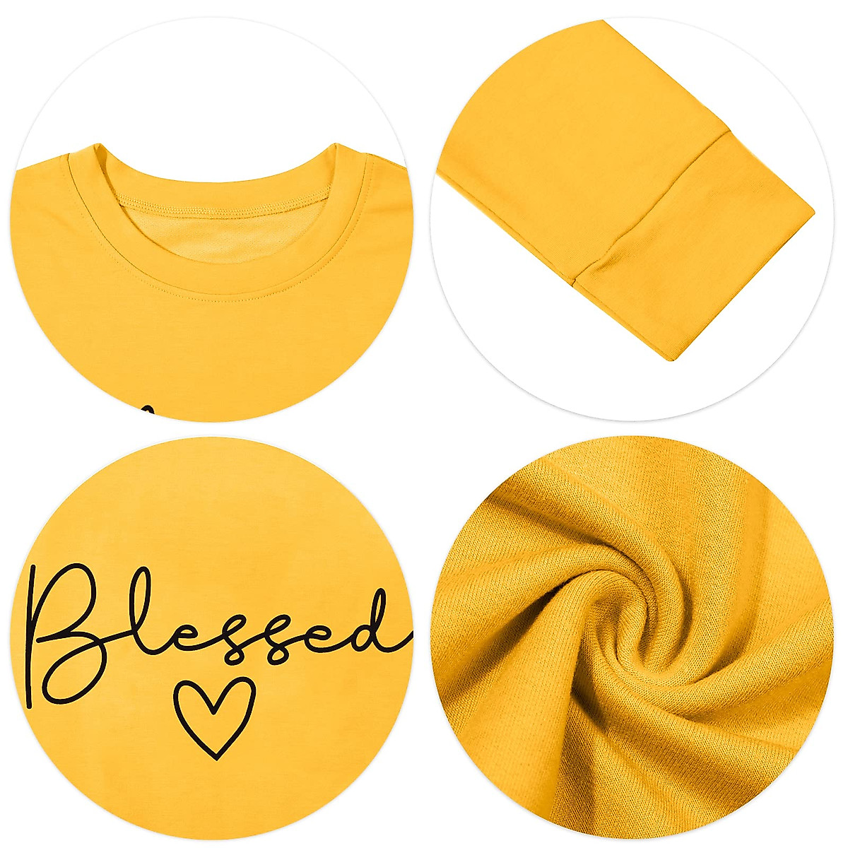 UNIQUEONE Blessed Sweatshirt for Women Letter Print Lightweight Thanksgiving Pullover Tops Blouse (Yellow, Large)