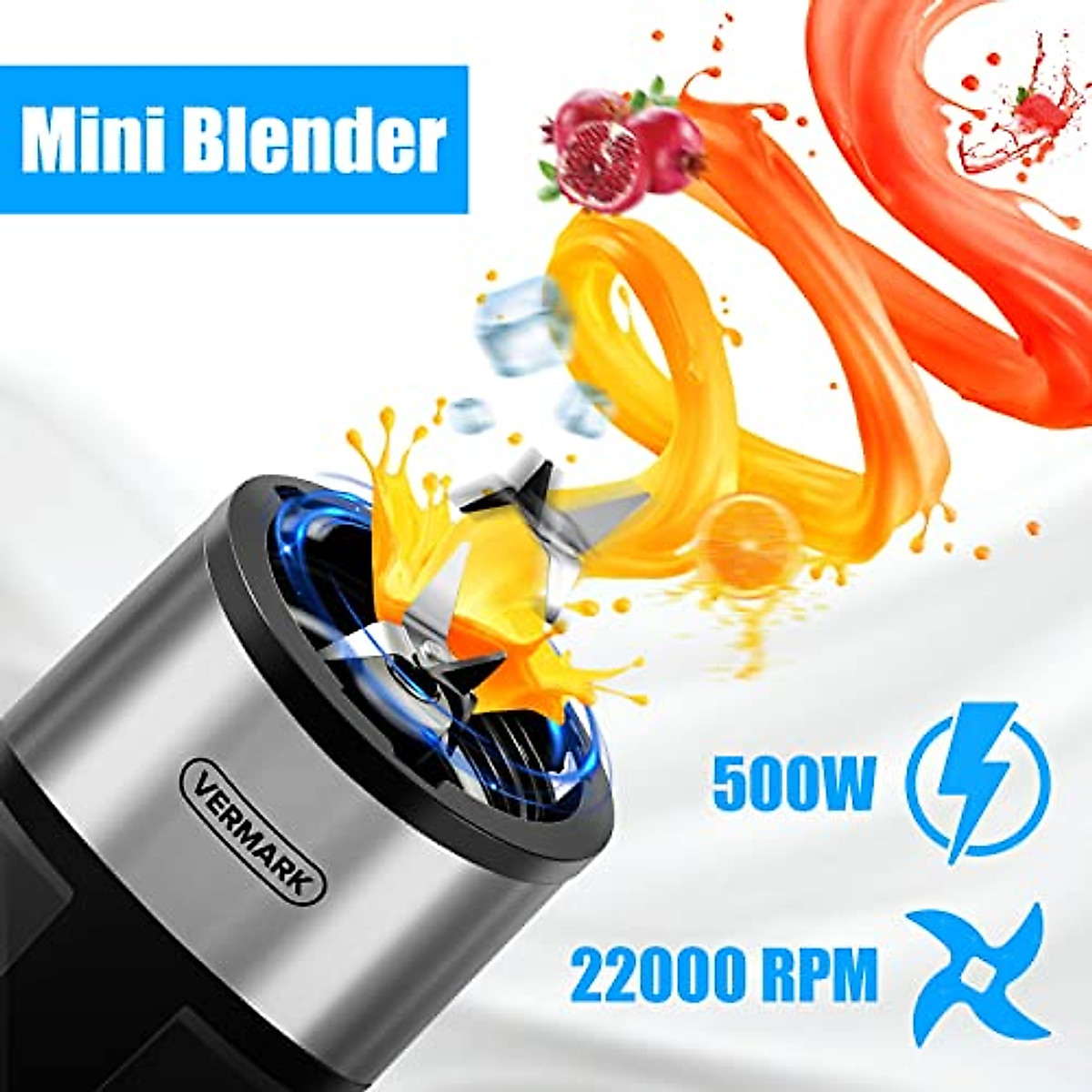 Vermark Personal Portable Bullet Blender, 500 Watt For Shakes and Smoothies, Shake Blender with No-Button Operation, 14 and 20oz Blender Cups with To-Go Lids, BPA Free, Easy To Clean,