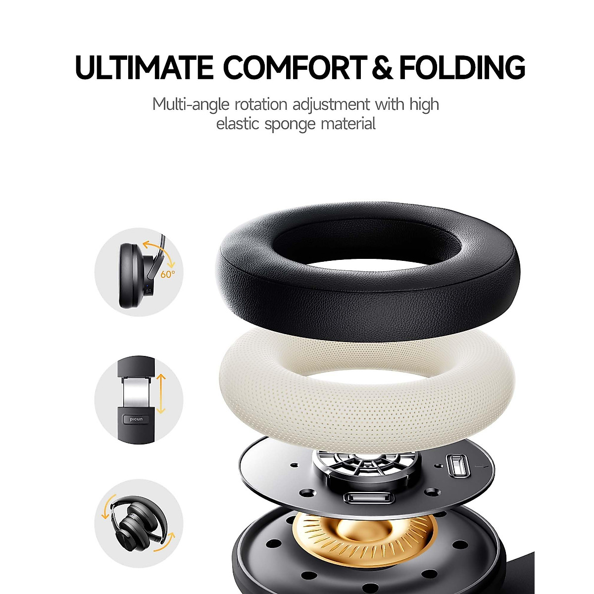 Picun B8 Bluetooth Headphones, 120 Hours Headphones Wireless Bluetooth, Hands-Free Calls, 3EQ & Game Mode, Foldable Headphones Over Ear for Travel Home Office Cellphone PC