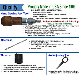 Repair Stitch Tool | Sewing Awl for Bounce Houses, Inflatables, Tarps, Leather, Thick Fabric, Shoes, Bags, Belt, Upholstery Repair Kit & Crafts Leather Stitching - MADE IN USA – PROFESSIONAL HEAVY DUT