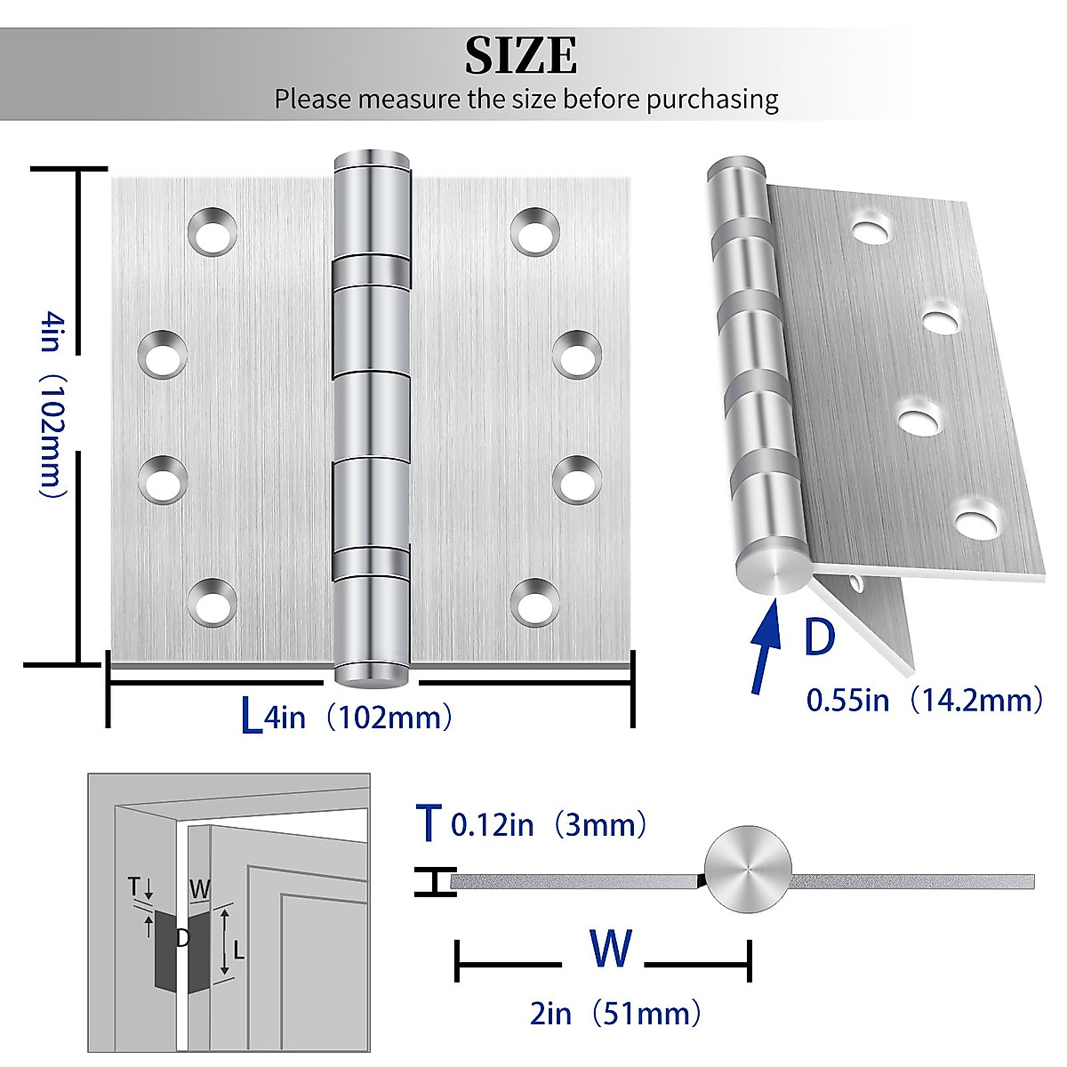 OTINUBEE 304 Stainless Steel Door Hinges 6 Pack, 4'' X 4''Heavy Duty Commercial Door Hinge with Silent Steel Plain Ball Bearing, Stainless Higne for Exterior & Interior Doors, Silver