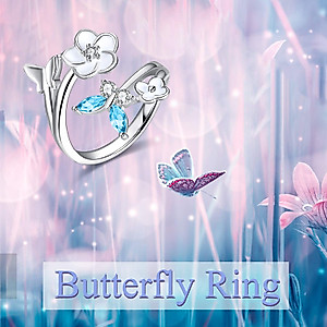Sterling Silver Butterfly Rings Cubic Zirconia Flower Adjuastable Band Jewelry for Women Girls (Light Blue- Aquamarine)