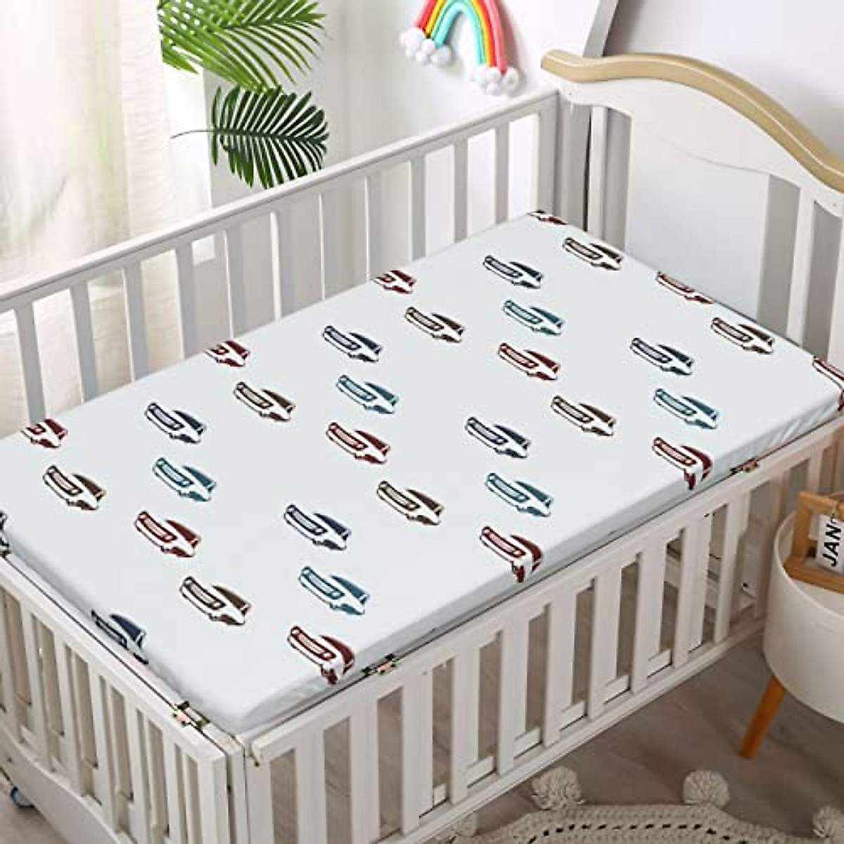 Cars Themed Fitted Crib Sheet,Standard Crib Mattress Fitted Sheet Ultra Soft Material-Baby Sheet for Boys Girls, 28“ x52“,Burgundy Brown Blue