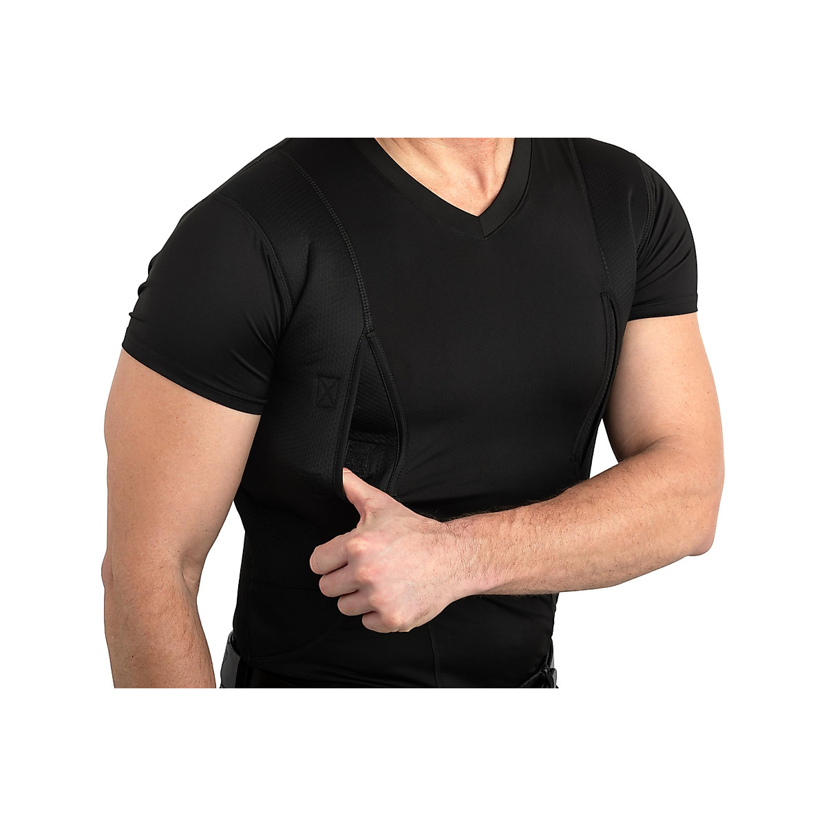 CCW Tactical Concealed Carry Holster Shirt | Secure Hook & Loop Pocket with Large Storage | All Season Moisture Wicking Compression Shirt | Mens V-Neck, Black XL