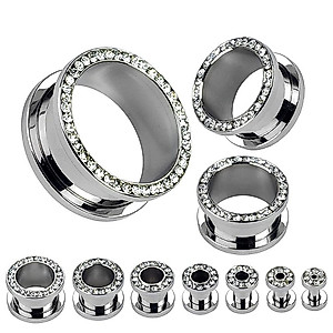 So Scene Cubic Zirconia Lined Rim Stainless Steel Screw Fit Ear Plugs Flesh Tunnels (6mm- 2 gauge, Silver Steel Clear Gems)