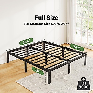10 Inch Full Size Bed Frame No Box Spring Needed, Metal Platform Full Bed Frame, Easy Assembly Heavy Duty Noise Free, Black