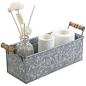 MyGift Galvanized Metal Rectangular Storage Basket with Wooden Handles, Bathroom Toiletries Holder, Organizer Bin with Embossed Bath Label - Handcrafted in India