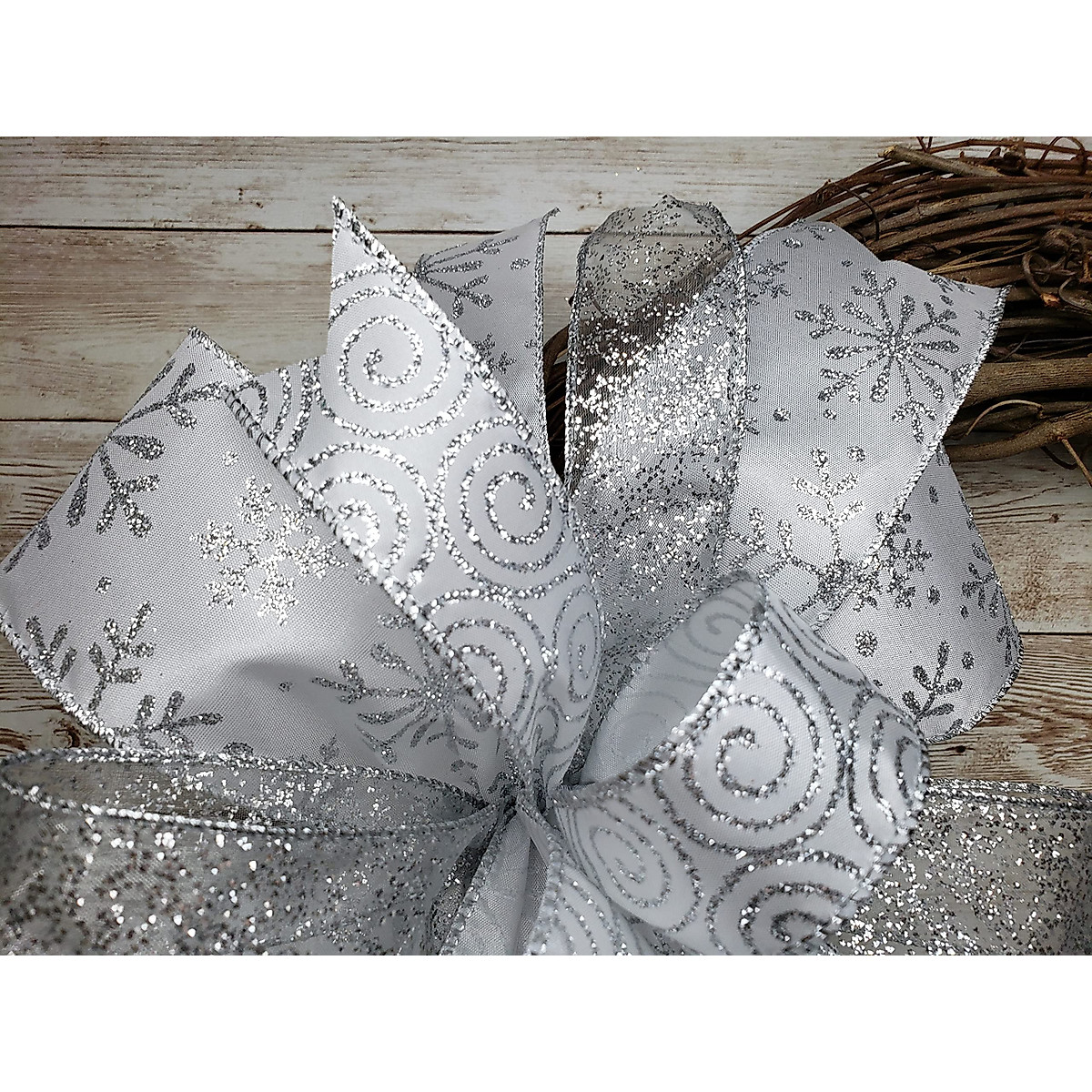 Christmas Winter Silver White Snowflake Bow for Wreath 10 inches