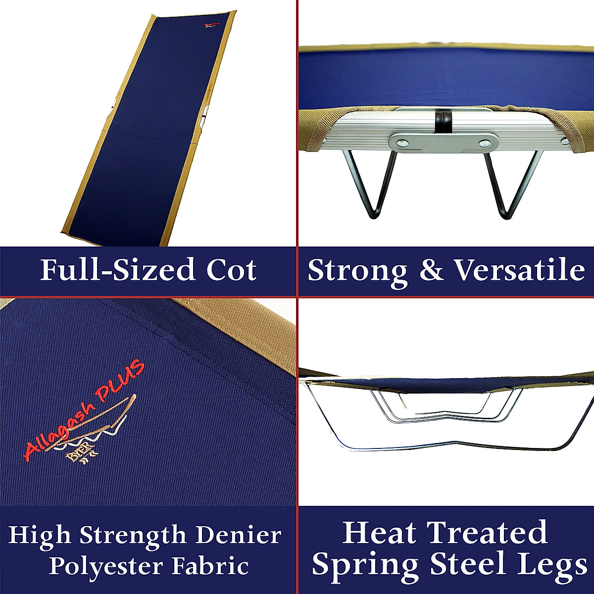 BYER OF MAINE, Allagash Plus, Cot, Extra Wide, 76" L X 30" W X 8" H, Lightweight Cot, Camping Cots Adult, Holds up to 250lbs, Single, Portable Camping Cot