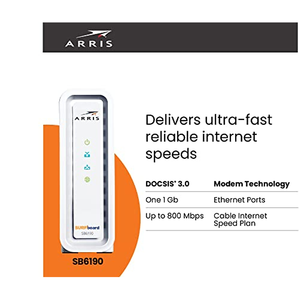 ARRIS SURFboard SB6190 DOCSIS 3.0 32 x 8 Gigabit Cable Modem | Comcast Xfinity, Cox, Spectrum | 1 Gbps Port | 800 Mbps Max Internet Speeds | Easy Set-up SURFboard Central App | 2 Year Warranty,Black