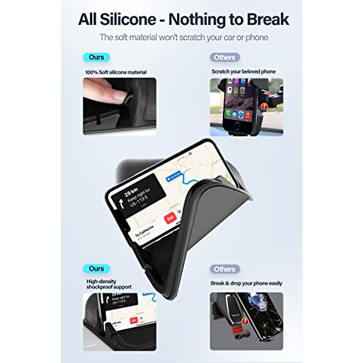 Loncaster Car Phone Holder, Cell Phone Holder Silicone Car Pad Mat for Various Dashboards, Slip Free Desk Phone Stand Compatible with iPhone, Samsung, Android Smartphones, GPS Devices and More (Black)