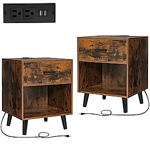Quimoo Nightstand Set of 2 with Charging Station. Bedside Table with 1 Drawer and 1 Open Storage Space for Bedroom, Rustic Brown