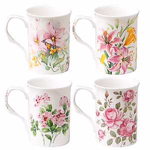 Grace Teaware Bone China Coffee Tea Mugs 9-Ounce, Assorted Set of 4 (Spring Floral)