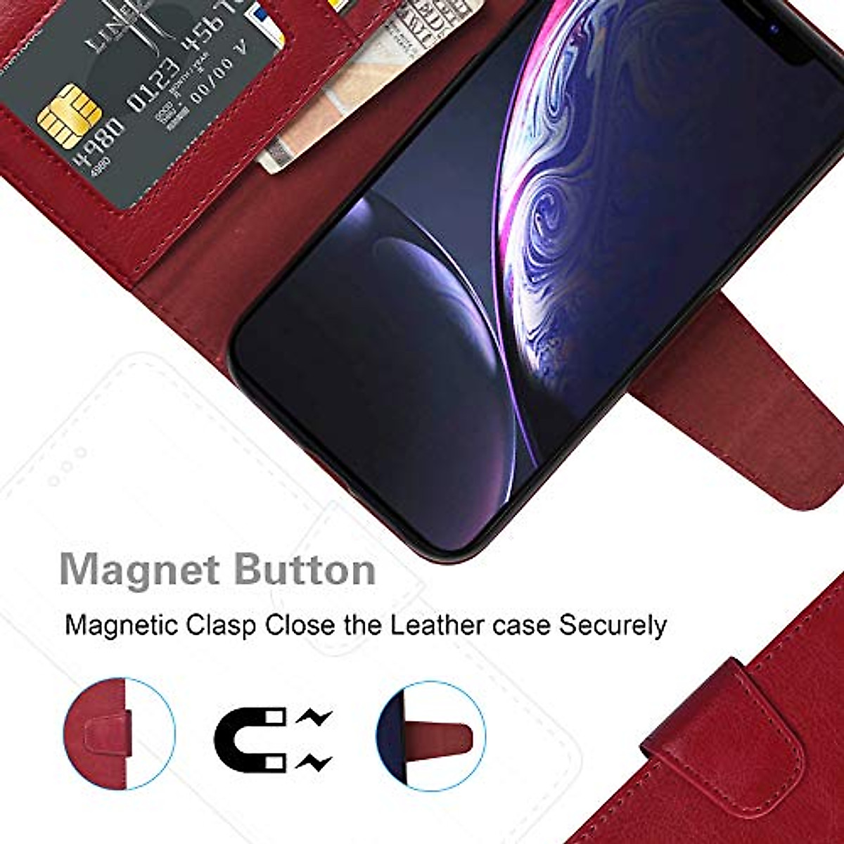 Arae Wallet Case for iPhone XR PU Leather flip case Cover [Stand Feature] with Wrist Strap and [4-Slots] ID&Credit Cards Pocket for iPhone XR 6.1 inch (Wine red)