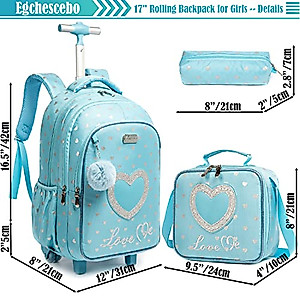 Egchescebo Kids Love Heart Rolling Backpack for Girls Suitcases Trolley Backpacks with Wheels Roller Luggage on Wheels with Lunch Box Pencil Case for Elementary Travel School Bag Blue