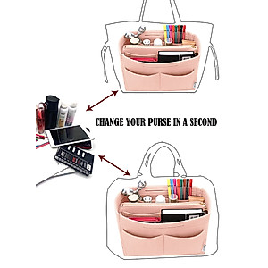 LEXSION Felt Purse Bag Organizer Insert with zipper Bag Tote Shaper Fit Speedy Neverful PM MM 8021 Pink L