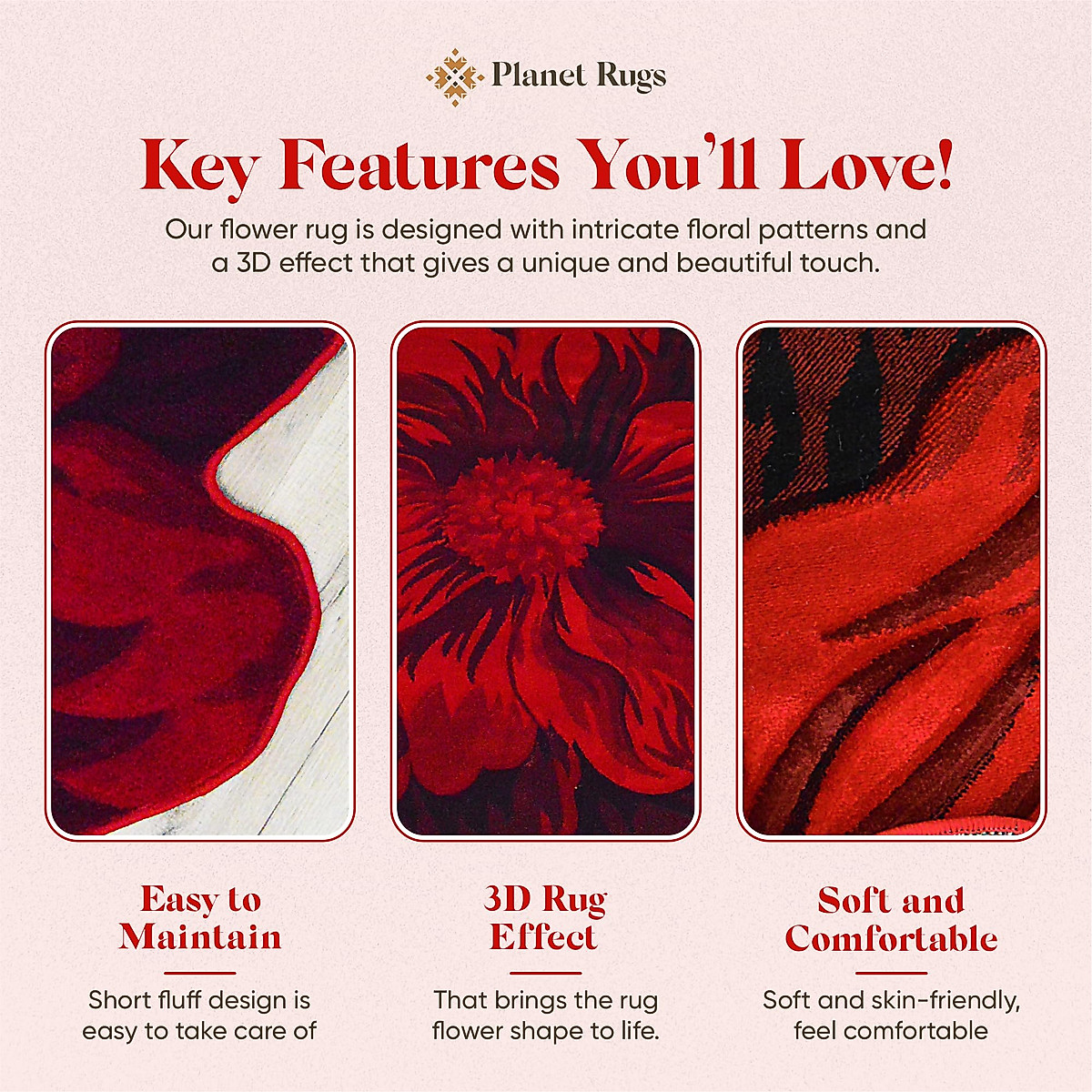 Flower Rug 2ft Round Area Rugs Cute Plush Flower Shaped Rug Circle Girly for Bedroom Floor Living Room Carpet 305 Red