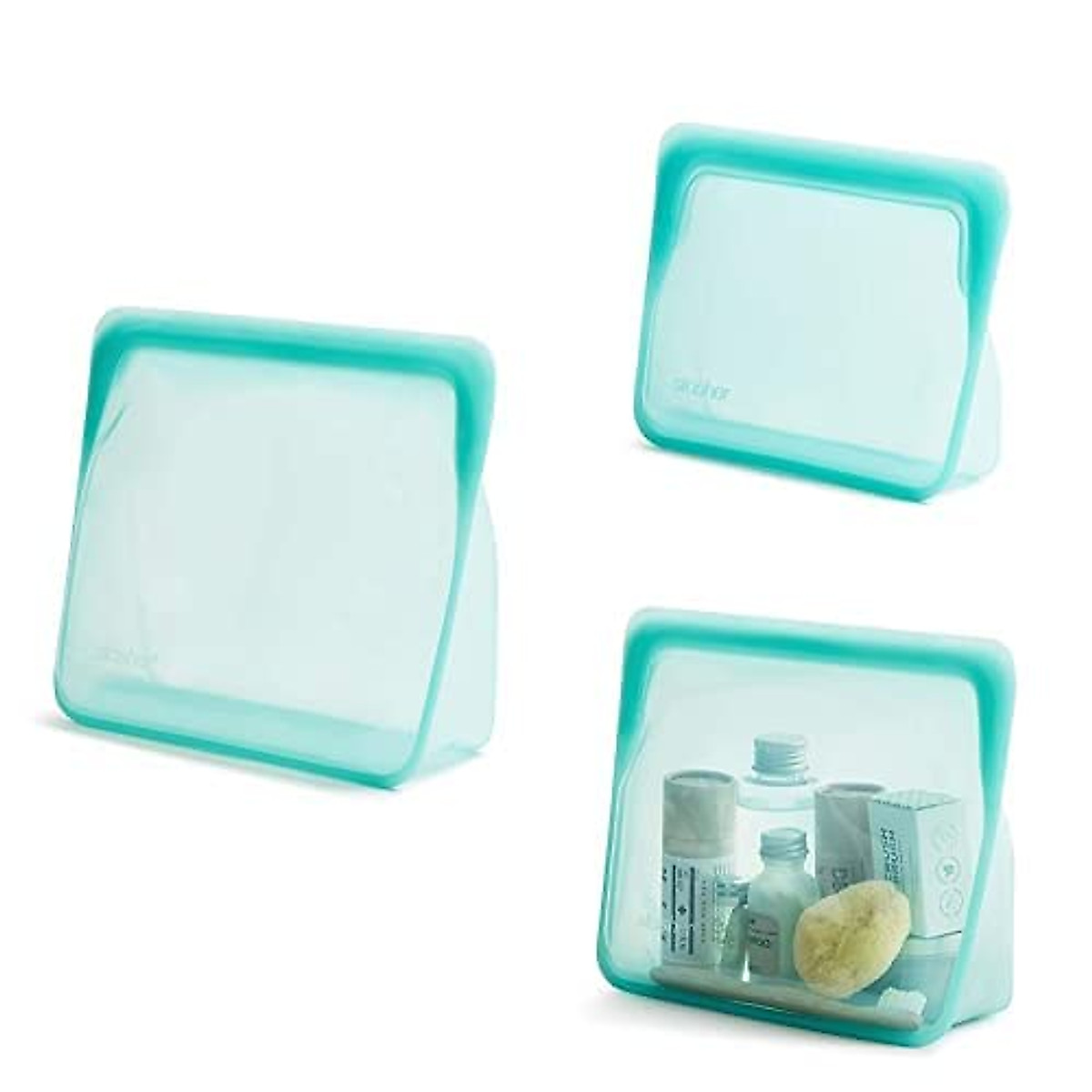 Stasher Silicone Reusable Storage Bag, 3-Pack Stand-Up (Aqua) | Food Meal Prep Storage Container | Lunch, Travel, Makeup, Gym Bag | Freezer, Oven, Microwave, Dishwasher Safe, Leakproof