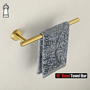 JQK Hand Towel Holder Towel Ring Gold, Thicken 0.8mm 304 Stainless Steel Bathroom Hand Towel Bar, 12 Inch Wall Mount Towel Rack Hanger, Brushed Gold, THH110L12-BG