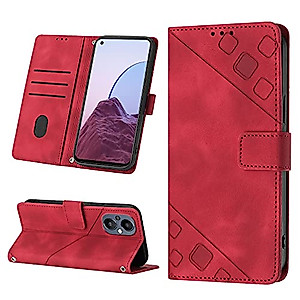 ONV Wallet Case for OnePlus Nord N20 5G - Solid Color Skin Flip Phone Case with Wrist Strap Card Holder Magnet Leather Shell Flip Stand Cover for Oppo Reno 7Z 5G / A96 5G / Reno 8 Lite 5G [005] -Red
