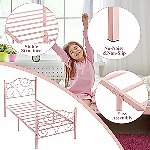 VECELO Twin Size Metal Bed Frame with Headboard and Footboard, Heavy Duty Steel Slat Support, Platform Mattress Foundation, No Box Spring Needed, Easy Assembly, Pink