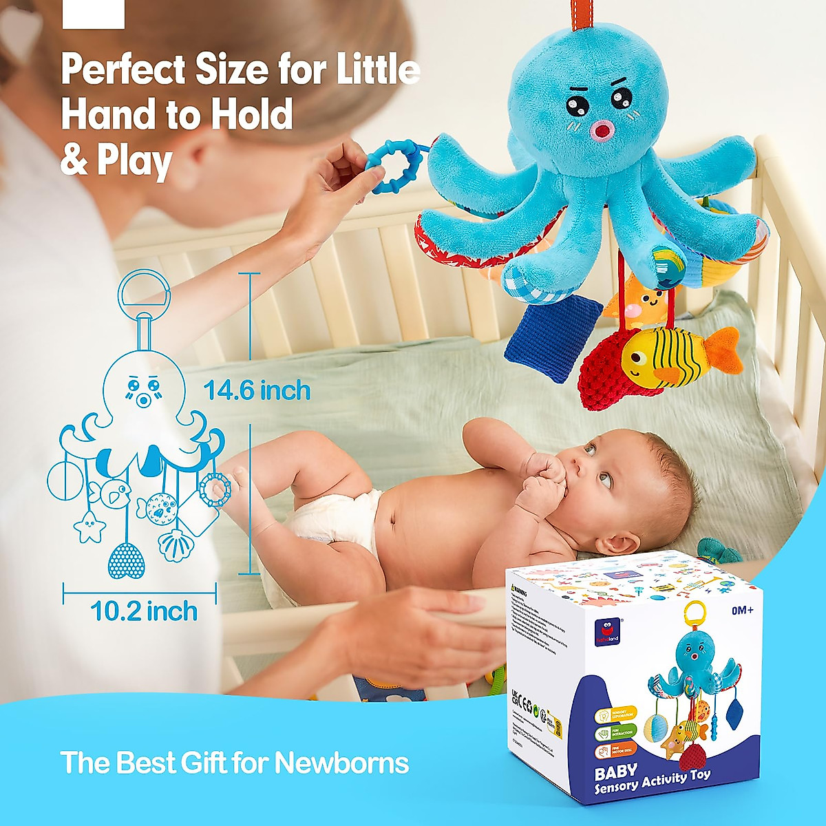 hahaland Baby Toys 0-6 Months - Octopus Toy with Pulling Cords, Squeaky, Crinkle, Rattle, Mirror - Baby Toys 3-6 Months Developmental Newborn Infant Toys - Baby Gifts