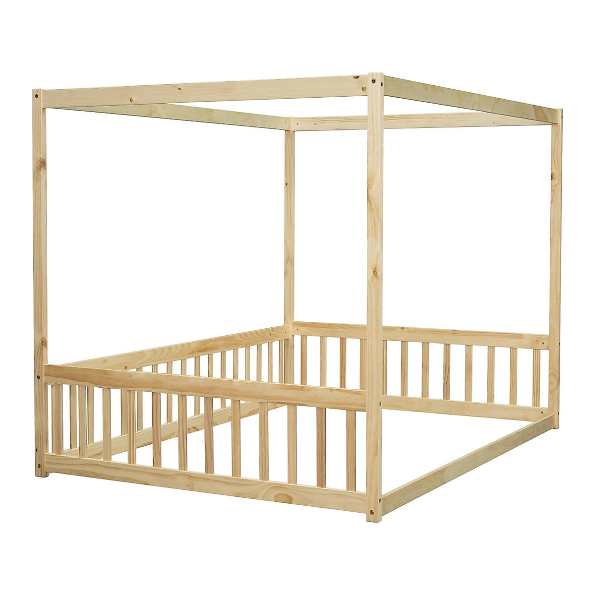 Full Size Canopy Bed Frame with Guardrails for Kids,Floor Bed Full with Four Poster Design,Kids Montessori Floor Bed,Wood Canopy Bed Frame for Girls,Boys(Full,Natural)