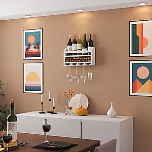 Wallniture Blanc Wine Rack Wall Mounted, Wall Wine Bottle Holder with Wine Glass Rack, Wall Mount Wine Holder with Wine Cork Holder, Rustic Wall Wine Rack for Wine Bottles, Burnt White, Wood