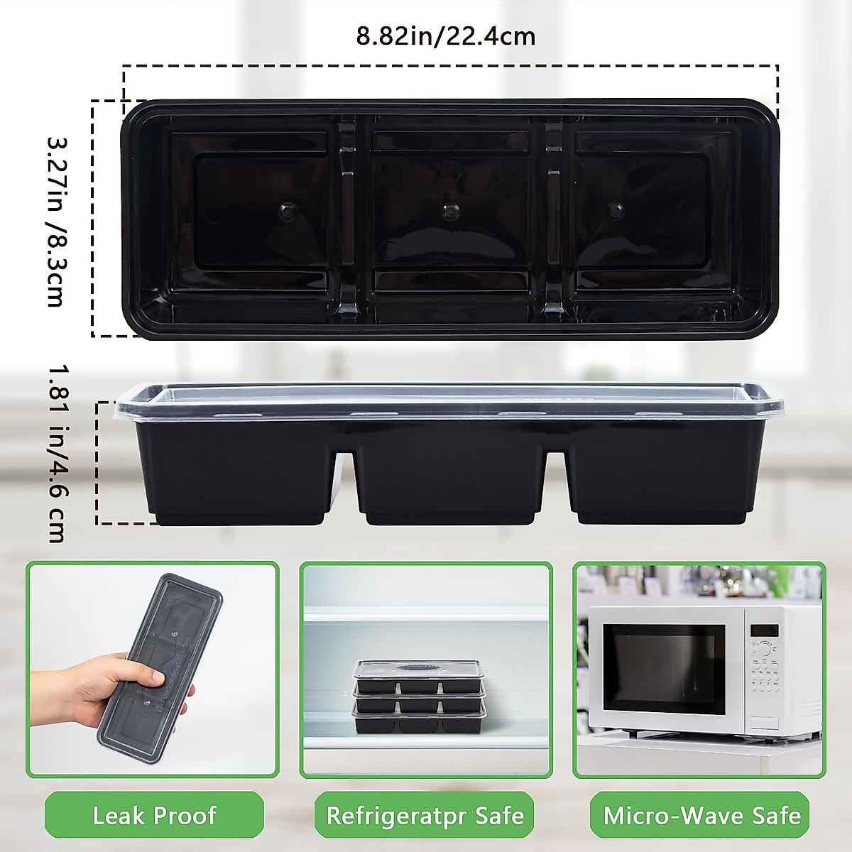 MOQRUAO 50 Packs 17oz Meal Prep Containers,Disposable Plastic Bento Boxes with 3 Compartments Food Containers Snack,Dessert,Travel Lunch Boxes for Office,Picnic