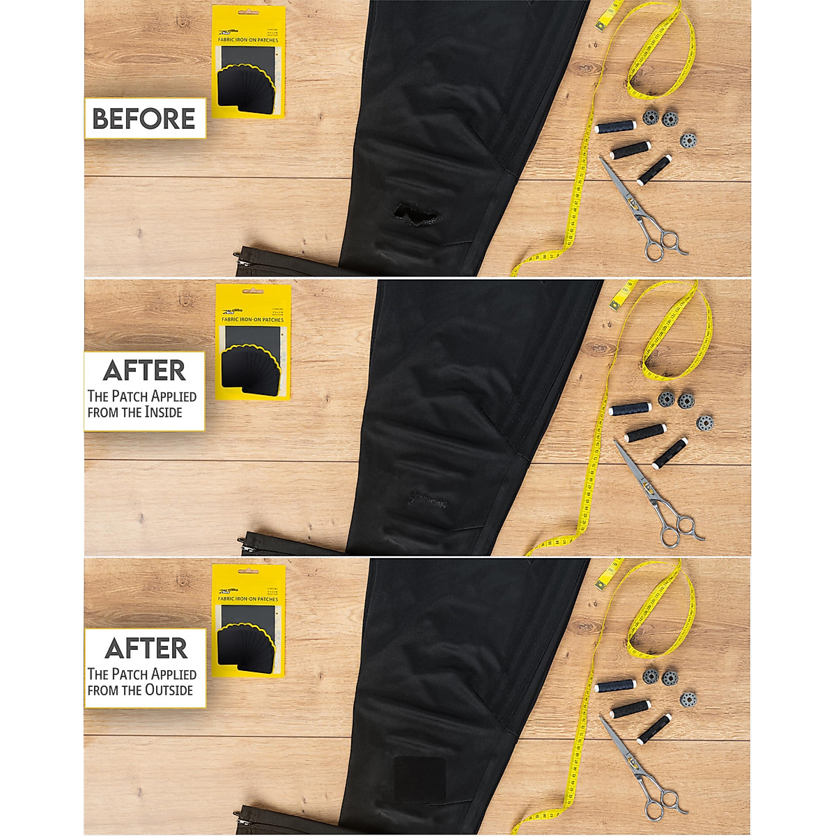 ZEFFFKA Premium Quality Fabric Iron-on Patches Inside & Outside Strongest Glue 100% Cotton Black Repair Decorating Kit 12 Pieces Size 3" by 4-1/4" (7.5 cm x 10.5 cm)