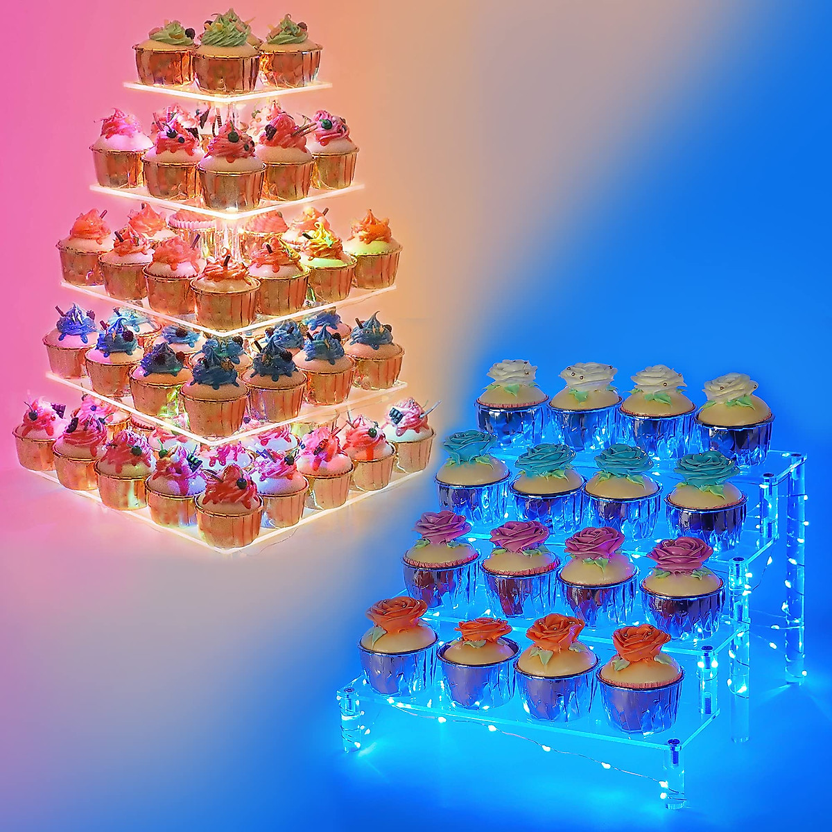 YestBuy 4 Tier Shelf Cake Pop Stand (Blue) +5 Tier Premium Cupcake Holder – Acrylic Cupcake Tower Display – Cady Bar Party Décor – Acrylic Display for Pastry Weddings, Birthday (Colorful)