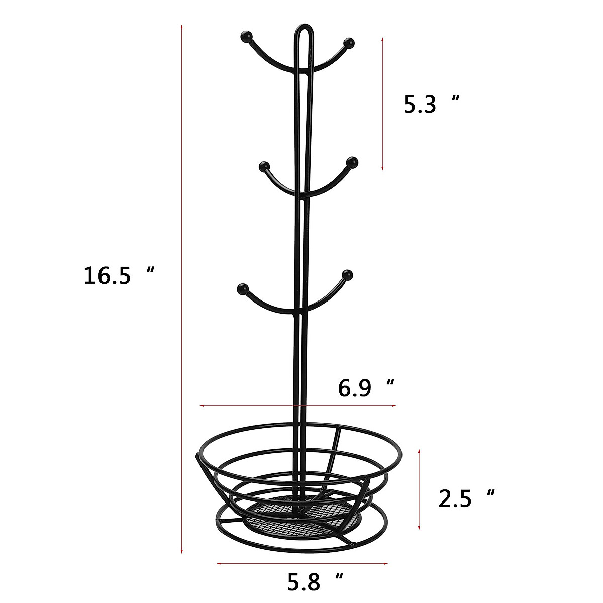 Black Metal Coffee Mug Holder for Countertop, Mugs Tree for 6 Cups with Coffee Pod Holder Storage Basket