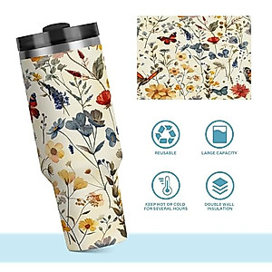 FRCSDIY Beautiful Flowers Insulated Tumbler with Handle and Straw Lid,30oz Leakproof Stainless Steel Cup BPA-Free Water Bottle