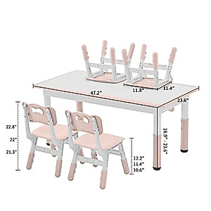 DOREROOM Toddler Table and Chairs Set for 4, 49''L x 25''W Kids Study Table and Chair Set, Height-Adjustable, Graffiti Desktop, Children Activity Table for Daycare, Classroom, Home, Pink