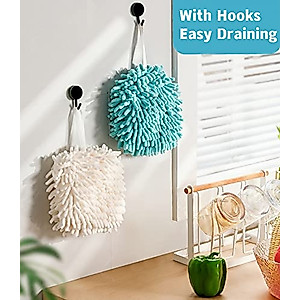 Hand Towel Set-2 Pack Enlarge Chenille Fuzzy Ball Hand Towels, with 2 Hand Towel Hooks, Quick Dry High Absorbent Soft Multifunctional Towels for Bathroom and Kitchen (White+Grey)