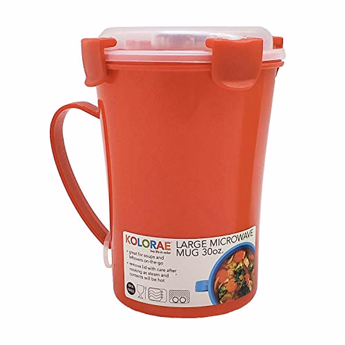 (6 COUNT) KOLORAE LARGE 30 OZ SOUP MUG- COLORFUL, MICROWAVE SOUP MUGS WITH LEAK PROOF DESIGN AND SECURE SNAP VENTED LIDS-1 OF EACH COLOR PICTURED, PLUS AN ADDITIONAL BLUE AND GREEN MUG!