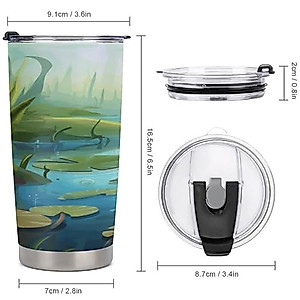 FHENMSA Reusable Plastic Water Cups with Lids,Frog in A Pond Print Anti-overflow Cup,sports Travel Coffee Cup
