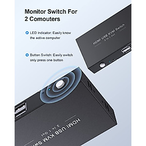 Rybozen KVM Switch HDMI 2 Port Box,USB Switch selector with 4 USB 2.0 Hub Share 2 Computers, UHD 4K@30Hz, Support Wireless Keyboard and Mouse, Powered by USB,with 2 HDMI and 2 USB Cables