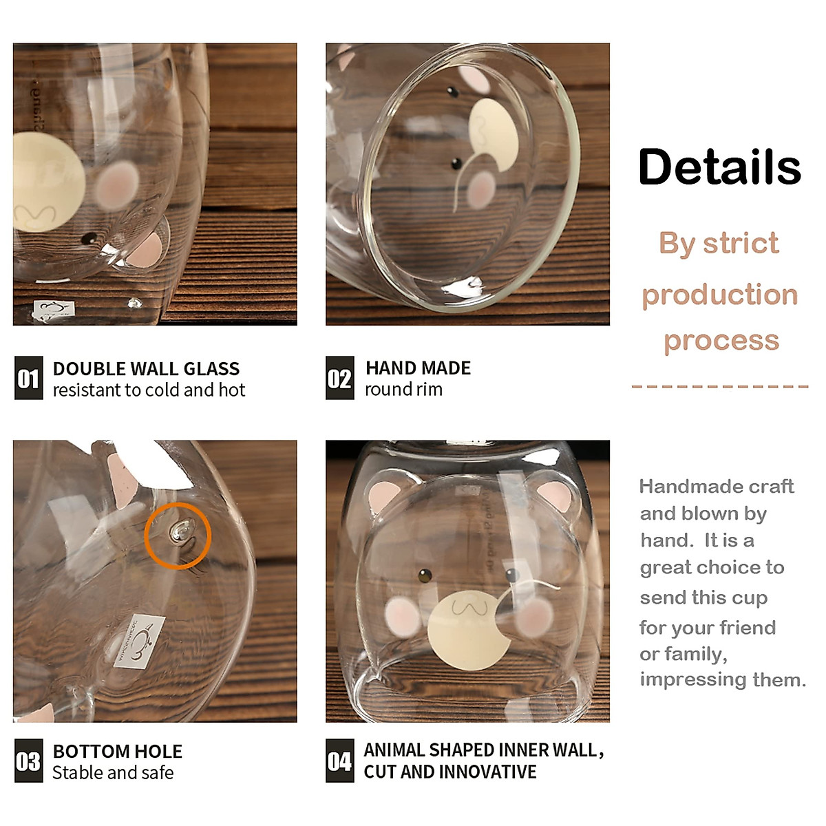 FUTGLOBAL 2 Pack Cute Mugs Glass Double Wall Insulated Glass Set (Bear and Kitten), Muulaii Coffee Cup, Milk Cup, Tea Cup, Best Gift for Office, Birthday, Valentine's Day and Christmas