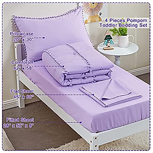 SUCHDECO Lavender Toddler Bedding Set Toddler Comforter Set for Girls Baby Crib Bedding Set with 6 Pom Poms Fringes - 4 Pieces: Comforter, Fitted Sheet, Flat Sheet, Pillowcase