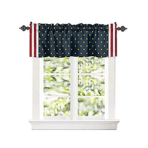 Curtain Valance for Windows American Flag Gold Stars 4th of July Kitchen Valances Rod Pocket Short Curtains,Red White Stripe Patriotic Pentagram Window Treatment Panel for Living Room 60x18in
