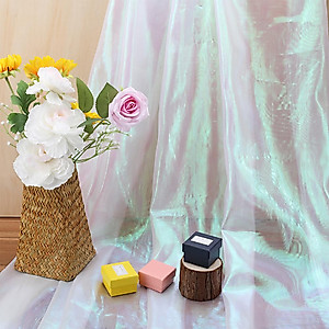 GORGECRAFT 3.3 Yards Magic Rainbow Laser Gradient Organza Iridescent Lace Voile Fabric Sheer 59.8 Inch Wide Metallic Holographic Gauze for Wedding Dress Curtain Background Photography(White)