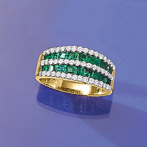 Ross-Simons 1.50 ct. t.w. Emerald and .73 ct. t.w. Diamond Multi-Row Dome Ring in 14kt Yellow Gold. Size 8